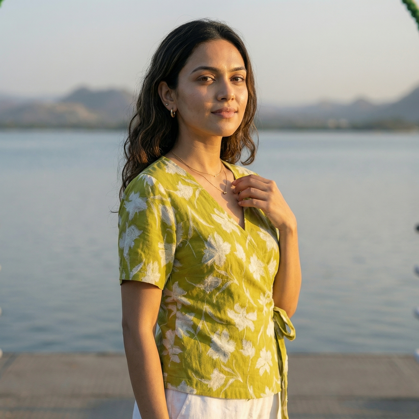 Crop top #97- handloom organic wrap on cotton top in olive green ...